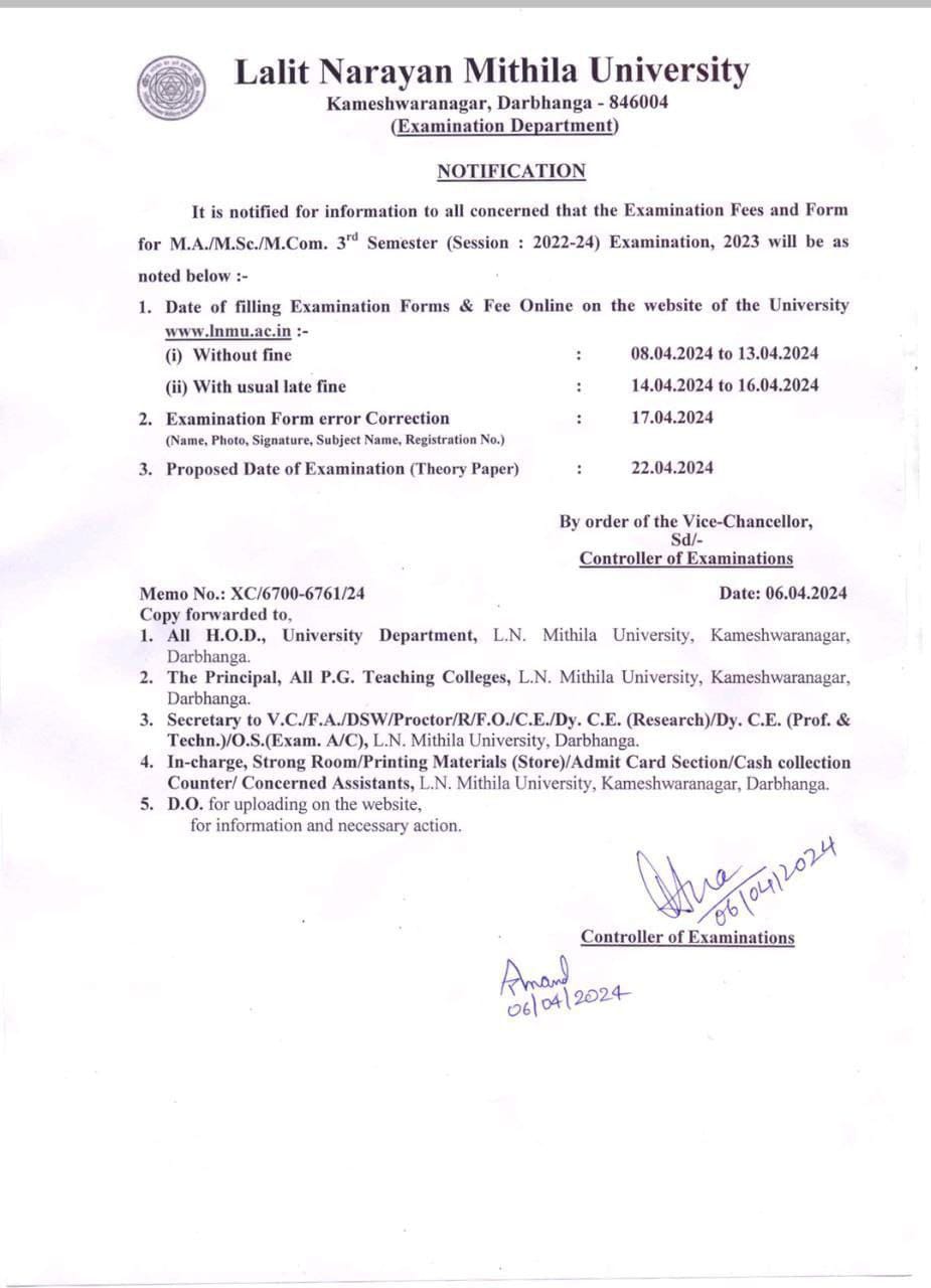 LNMU Pg Semester 3 Exam Form Online, Exam Date 2022-24 - सबसे सटीक ...
